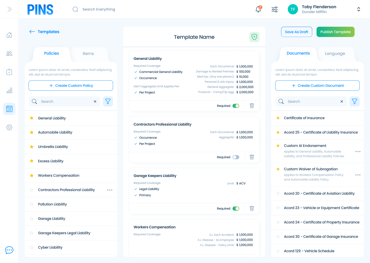 Templates for Insurance Requirements